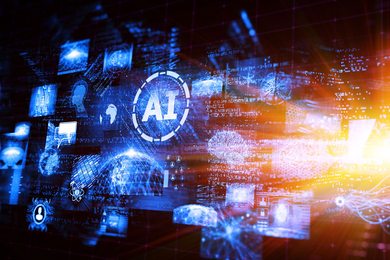 Bursts of blue computer screens and code with “AI” letters