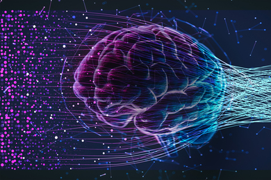 A brain surrounded by a large neural network diagram