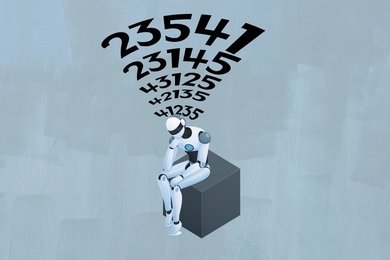 3D cartoon of a white humanoid robot sitting and considering different combinations of numerical digits.